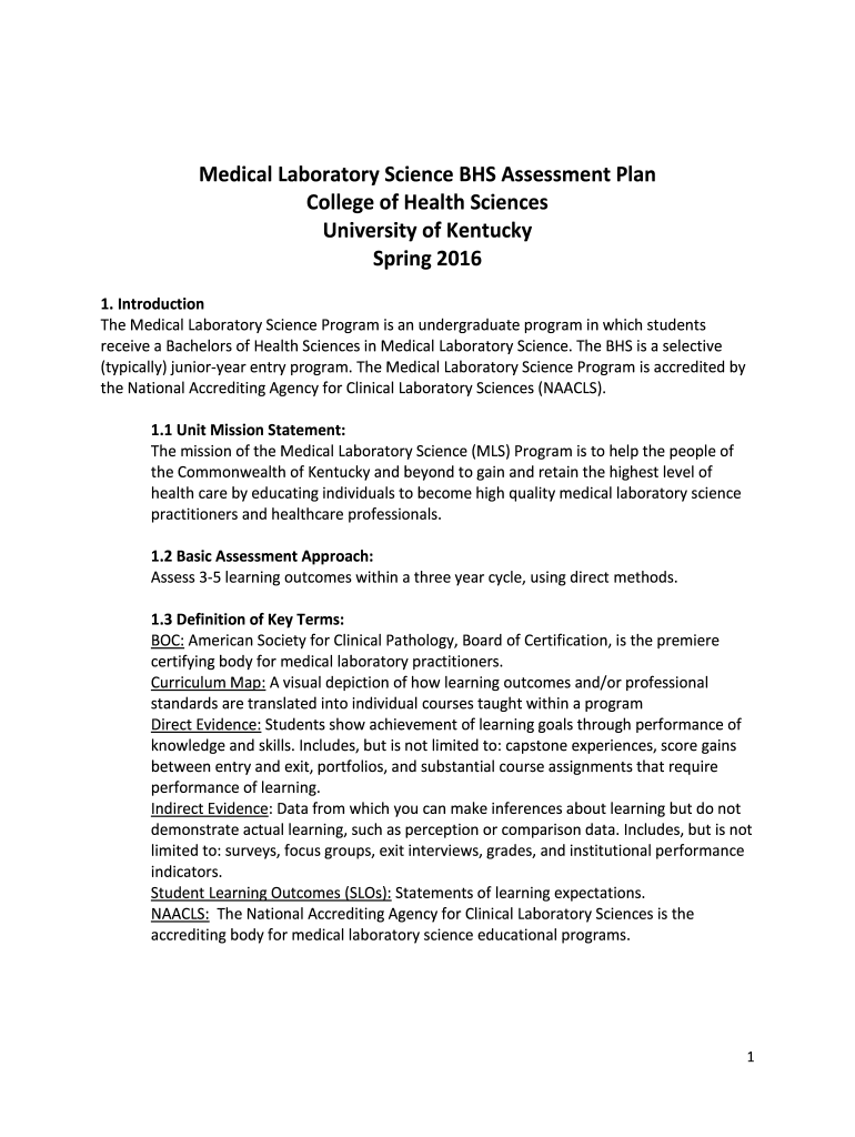 Fillable Online Medical Laboratory Science BHS Assessment Plan College ...
