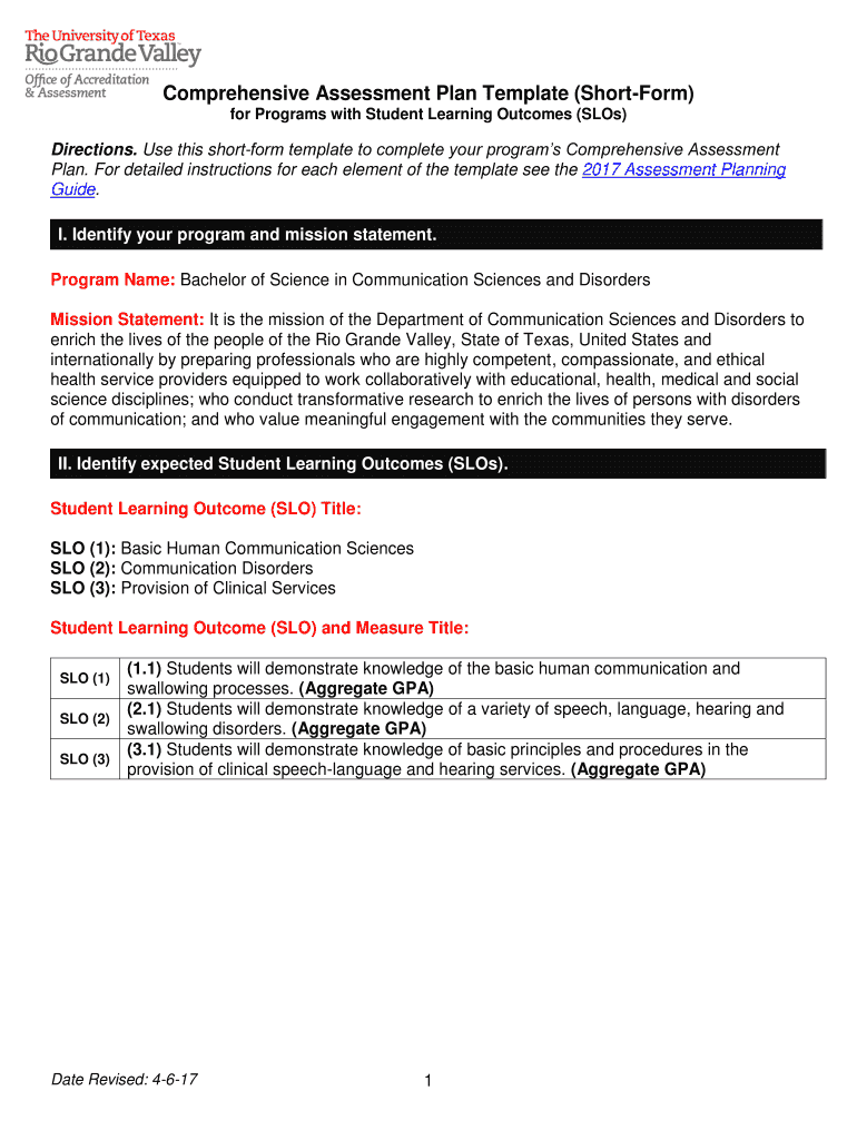 Fillable Online Comprehensive Assessment Plan Template (Short-Form) Fax ...