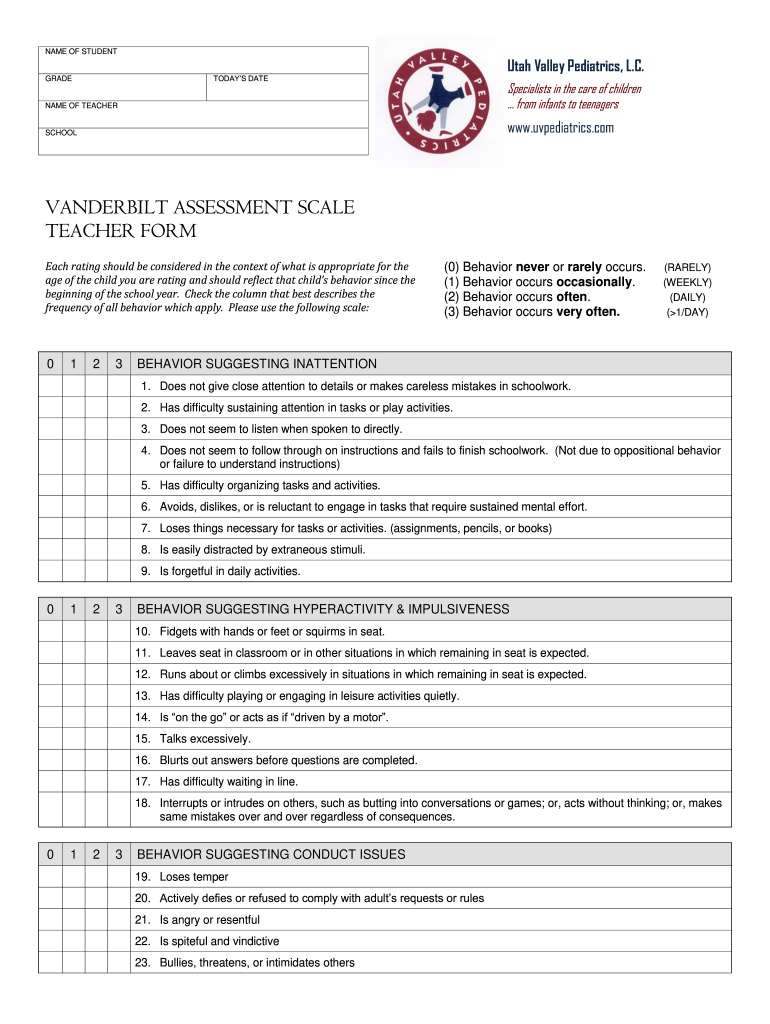 Fillable Online vanderbilt assessment scale teacher form - Utah Valley ...