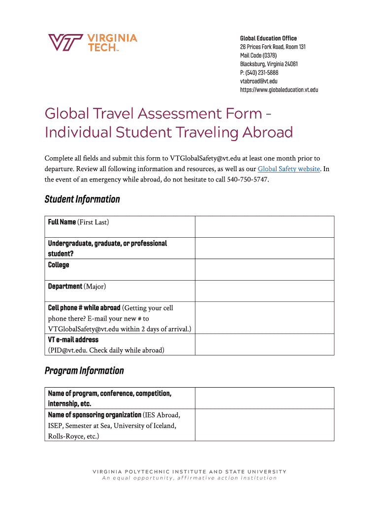 Fillable Online Global Travel Assessment Form - Virginia Tech Global ...