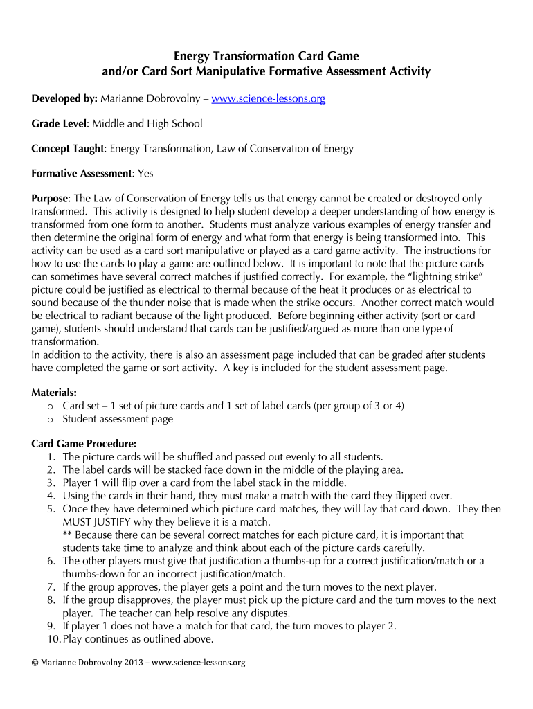 Energy Transformation Card Sort - Fill Online, Printable, Fillable ...