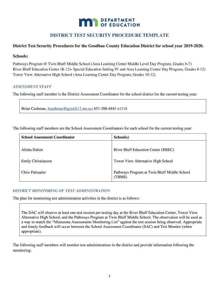 Fillable Online district test security procedure template - Goodhue ...