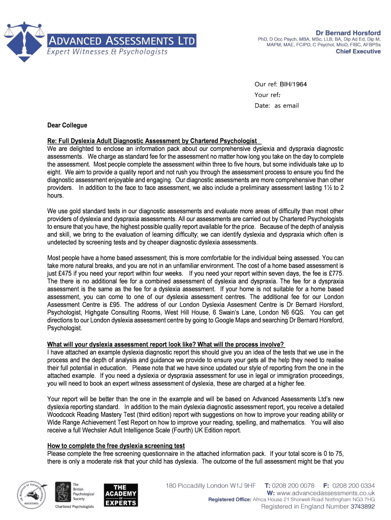 Fillable Online Dear Parent Re: Full Dyslexia Children's Diagnostic ...