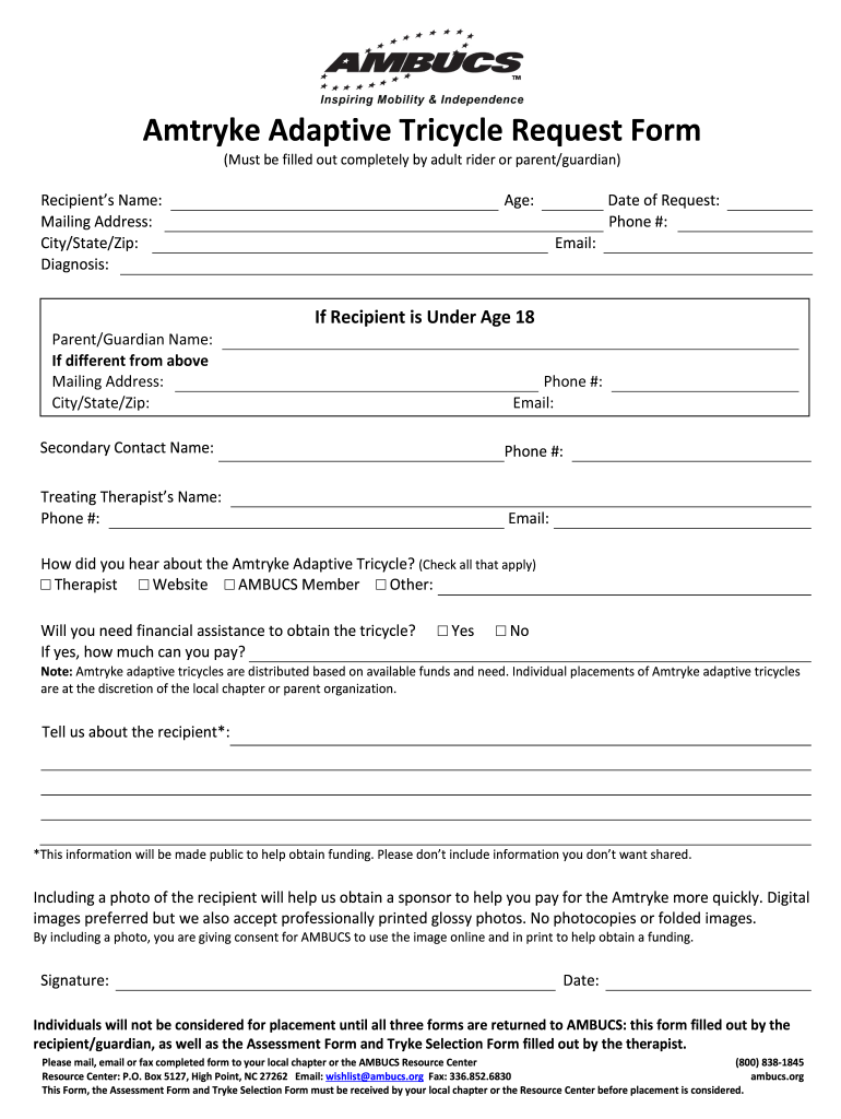 Fillable Online Amtryke Adaptive Tricycle Request Form - AMBUCS Fax ...