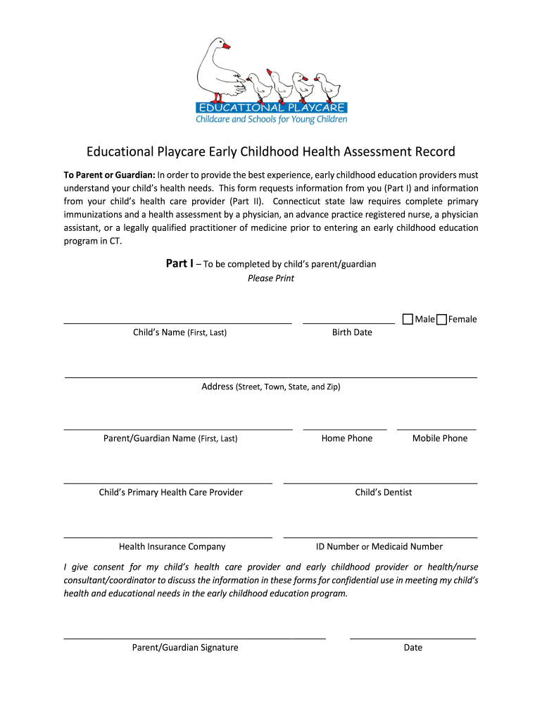 Fillable Online Educational Playcare Early Childhood Health Assessment ... Fillable Online Educational Playcare Early Childhood Health Assessment ...
