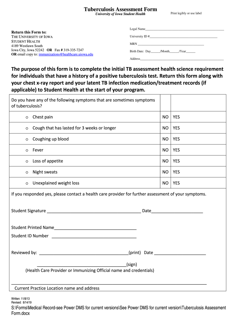 Fillable Online TB Assessment Form - Studenthealth.uiowa.edu ...