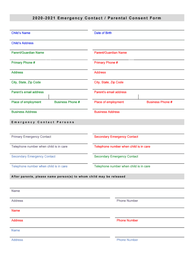 Fillable Online EMERGENCY CONTACT I PARENTAL CONSENT FORM S NAME MOTHER ...