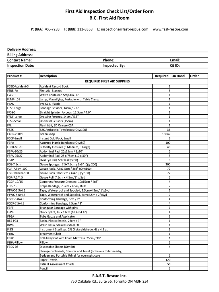 Fillable Online First Aid Inspection Check List/Order Form B.C. First ...