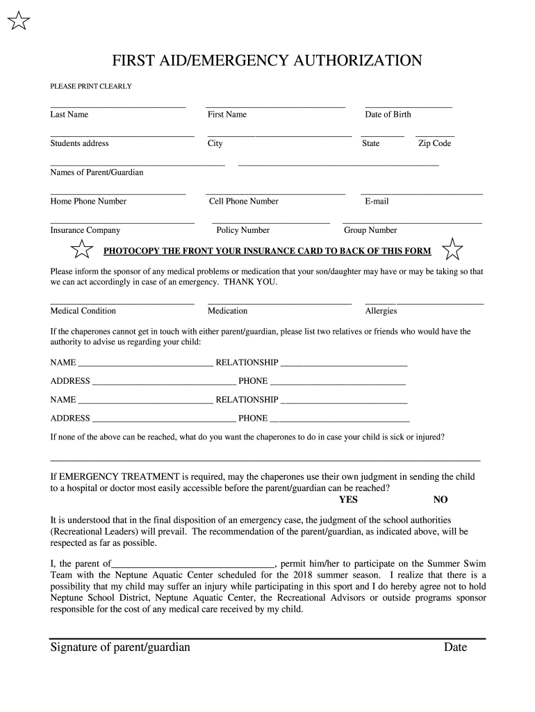 Fillable Online FIRST AID/EMERGENCY AUTHORIZATION Fax Email Print ...