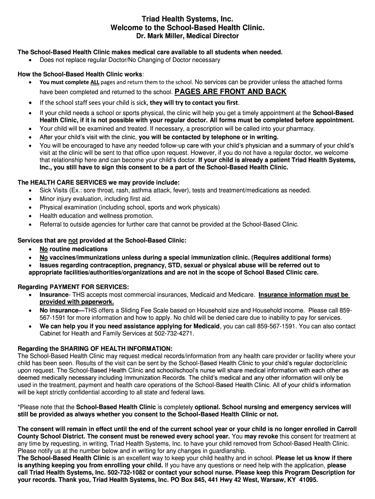 Fillable Online Triad Health Systems, Inc. Welcome to the School-Based ...