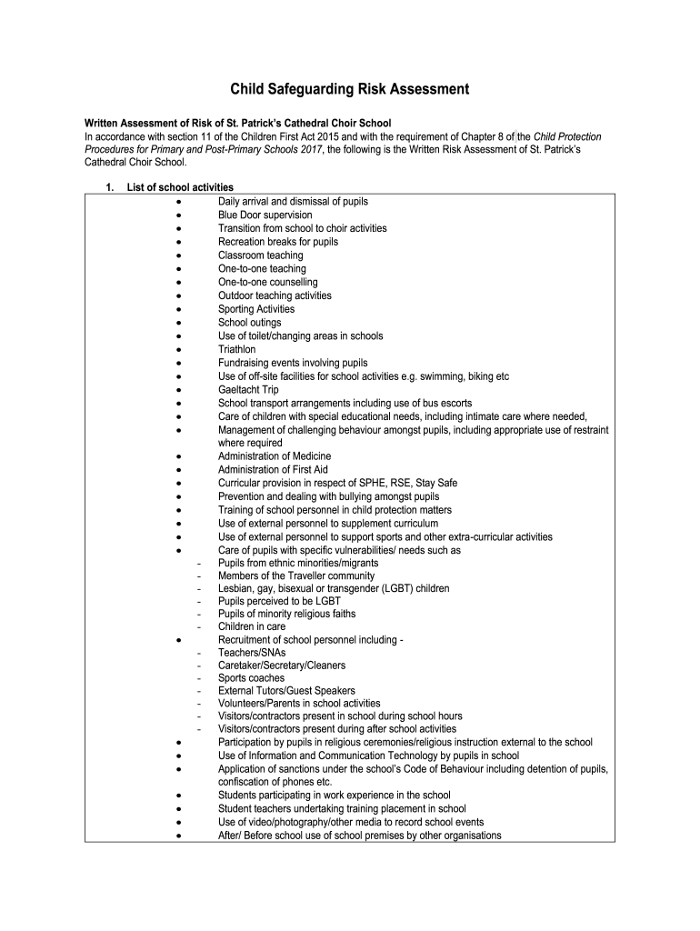 Fillable Online Child Safeguarding Risk Assessment - St Patrick's ...