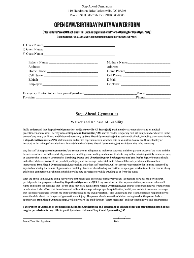 Fillable Online open gym/birthday party waiver Fax Email Print - pdfFiller