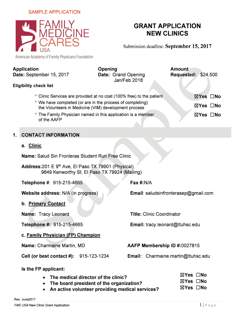 Fillable Online FMC New Clinic Application Sample. AAFP Foundation Fax ...