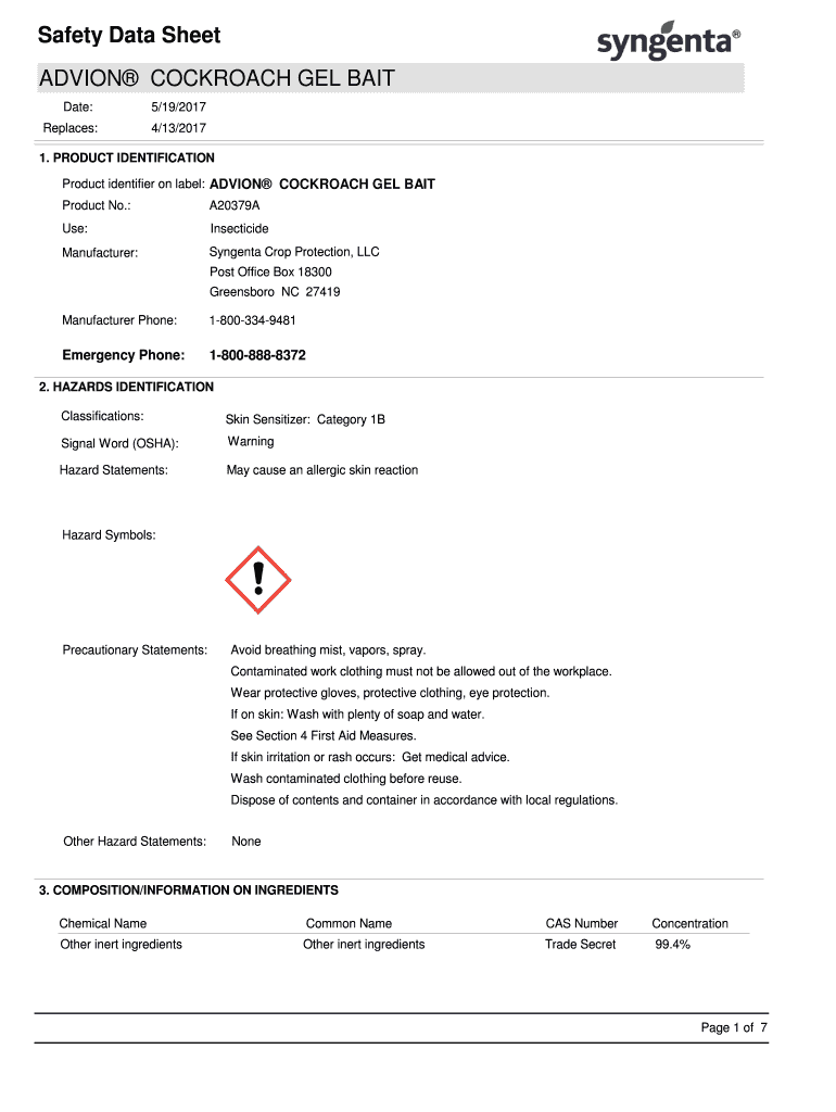 Fillable Online Advion Cockroach Gel Bait SDS 5-19-17.pdf - LabelSDS ...