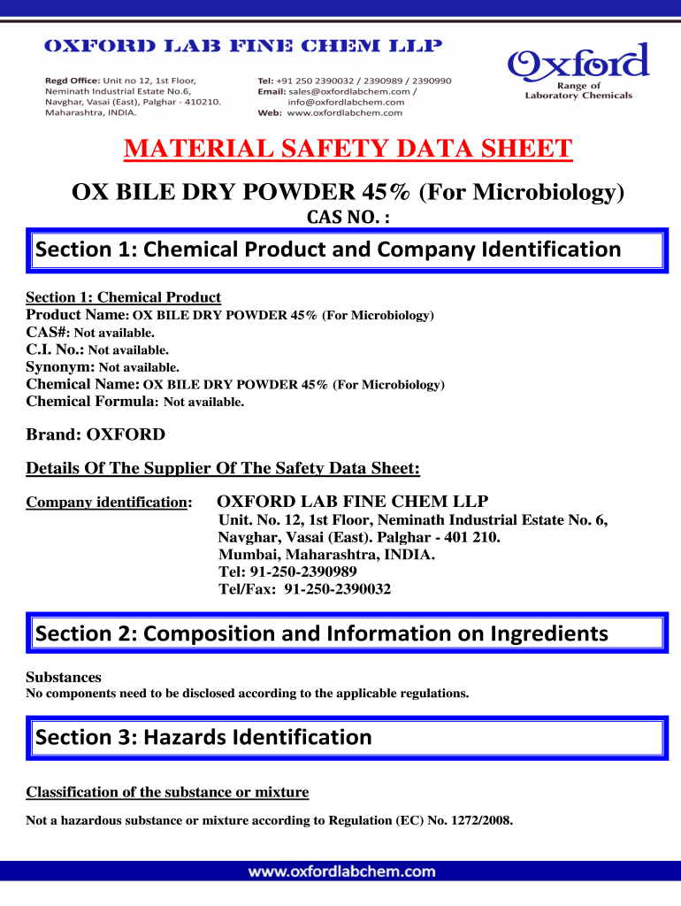 Fillable Online OX BILE DRY POWDER 45% (For Microbiology) Fax Email ...