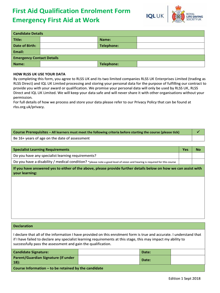 Fillable Online First Aid Qualification Enrolment Form First Aid at ...