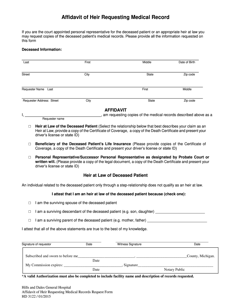 Fillable Online Affidavit of Heir Requesting Medical Record Fax Email ...