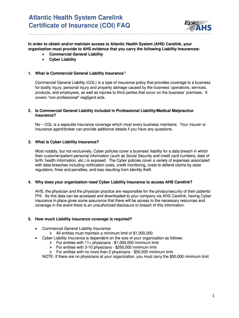 Fillable Online Atlantic Health System Carelink Certificate of ...