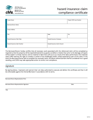 Fillable Online Hazard Insurance Claim Compliance Certificate Fax Email ...