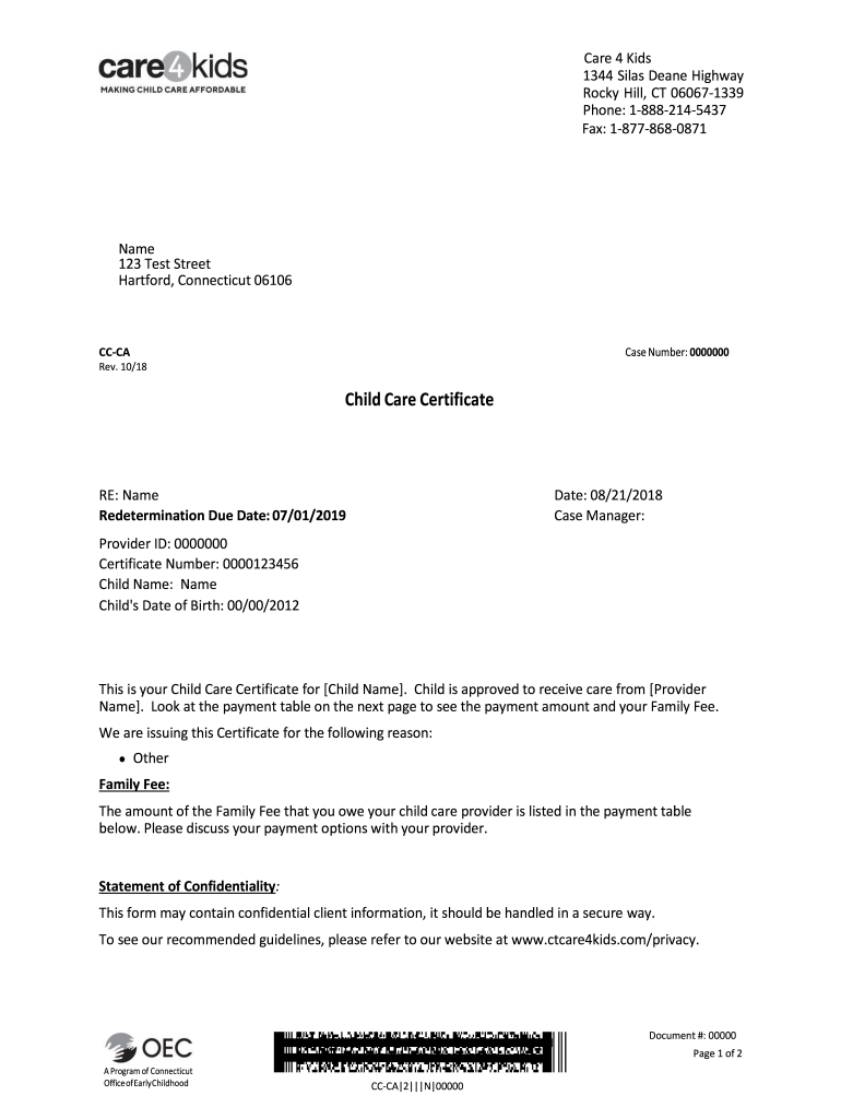 Fillable Online Child Care Certificate - CT Care 4 Kids Fax Email Print ...
