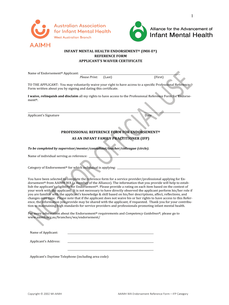 Fillable Online infant mental health endorsement (imh-e) reference form ...