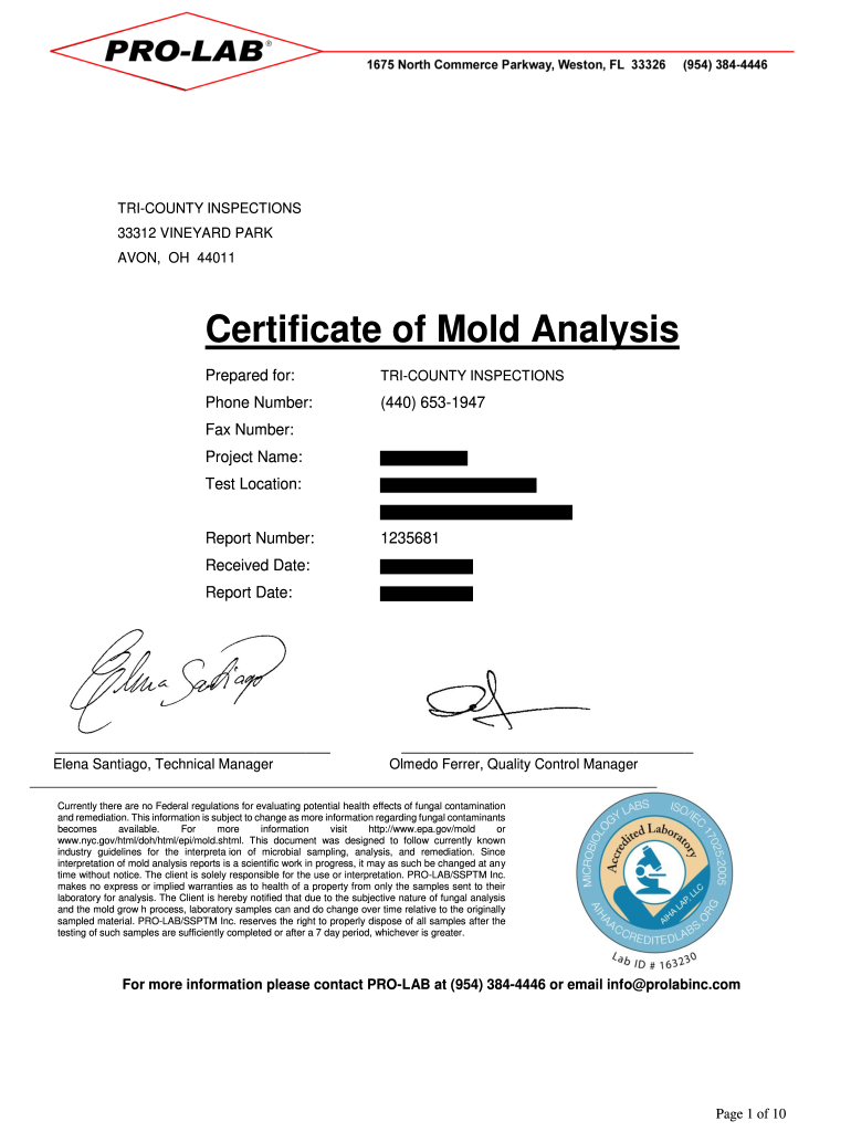 Fillable Online Certificate of Mold Analysis - Tri-County Inspections ...