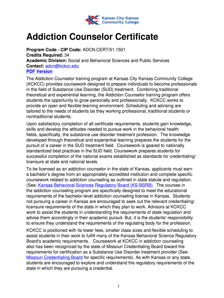 Fillable Online Addiction Counselor Certificate - KCKCC.edu Fax Email ...
