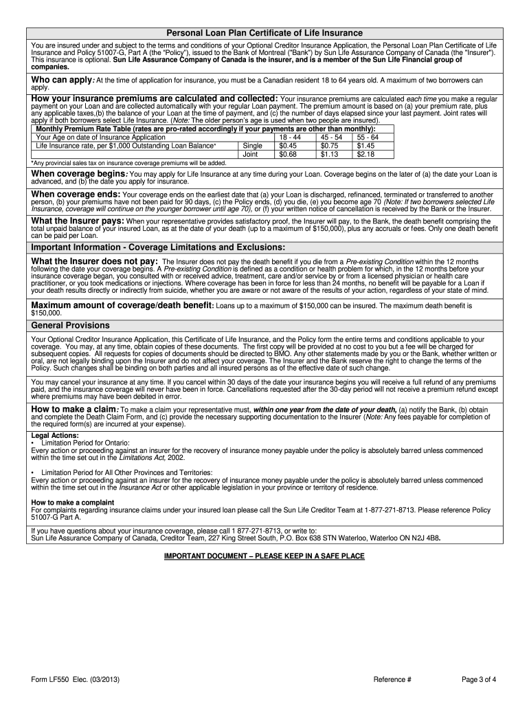 Fillable Online Personal Loan Plan Certificate of Life Insurance How ...