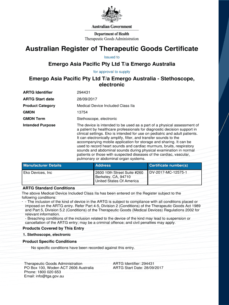 Fillable Online australian register of therapeutic goods certificate ...