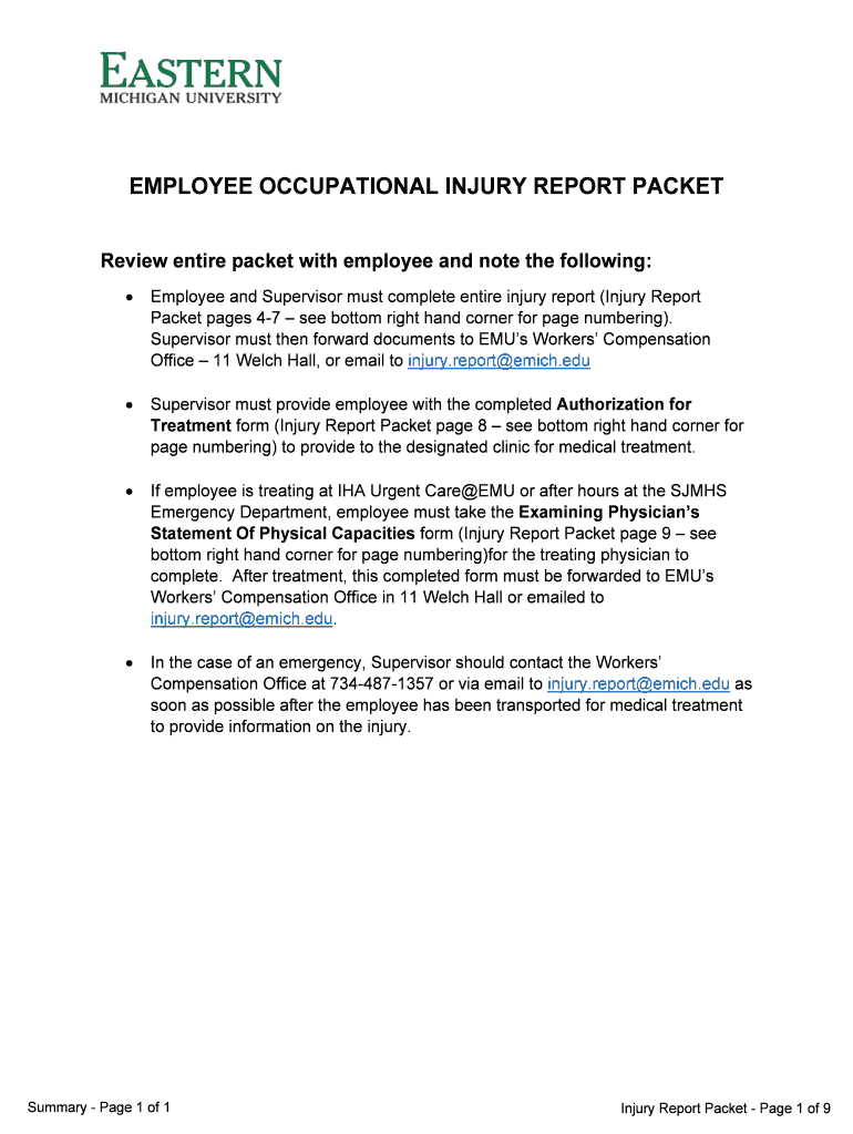 Fillable Online employee occupational injury report packet - Eastern ...