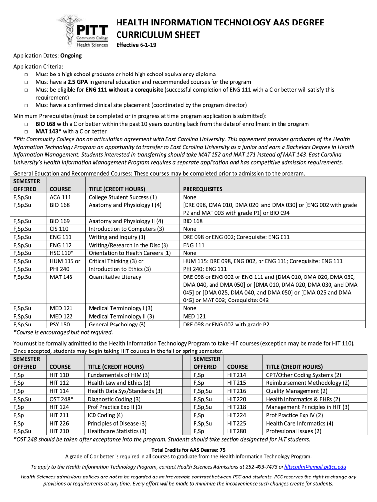 Fillable Online HEALTH INFORMATION TECHNOLOGY AAS DEGREE CURRICULUM ...