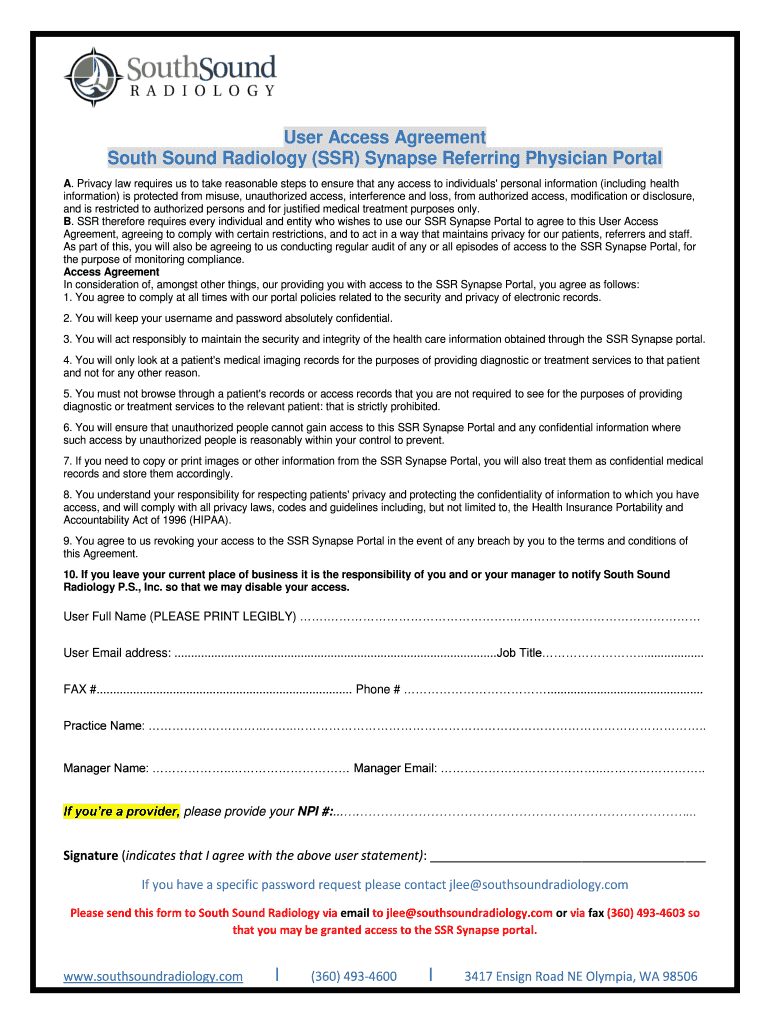 Fillable Online User Access Agreement for the South Sound Radiology ...