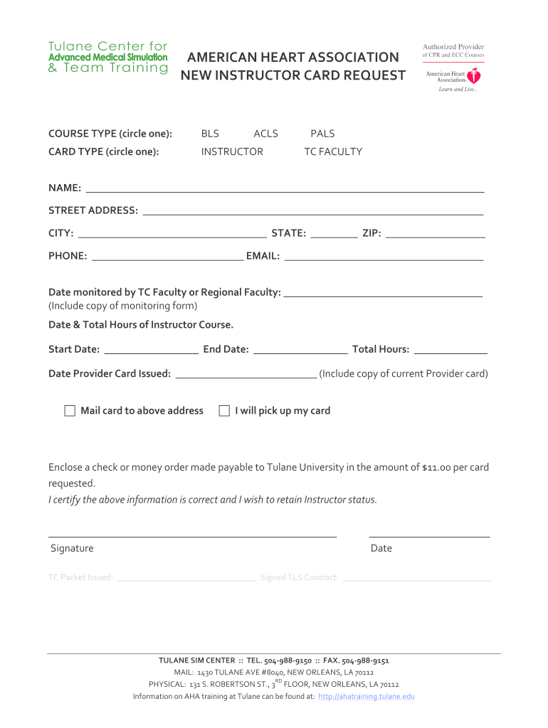 Fillable Online american heart association new instructor card request ...