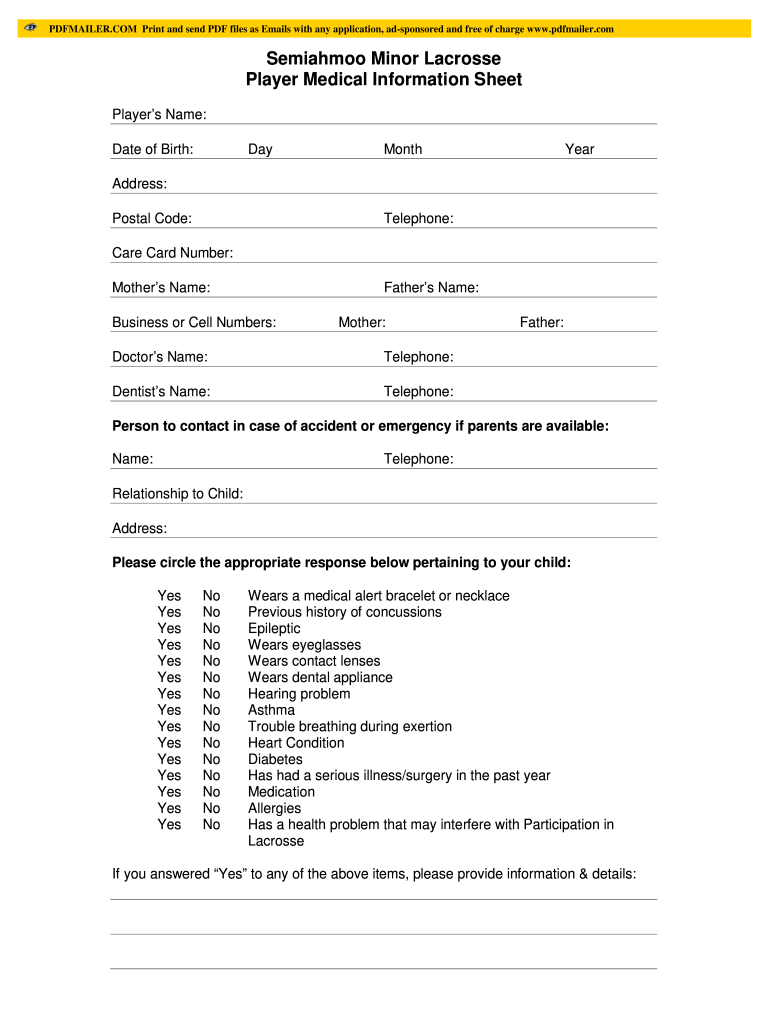 Fillable Online Semiahmoo Minor Lacrosse Player Medical Information Sheet Fax Email Print ...