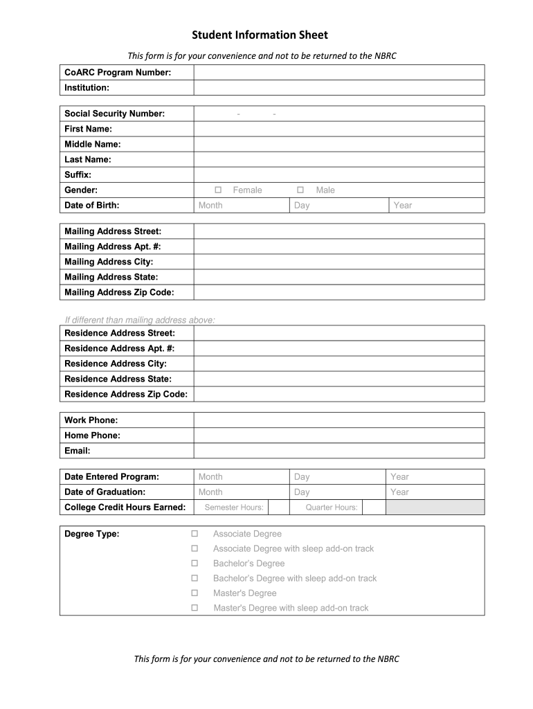 Fillable Online Student Information Sheet - nbrc.org Fax Email Print - pdfFiller