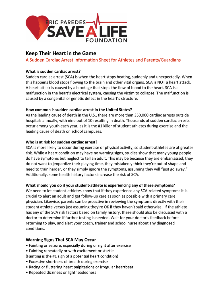 Fillable Online A Sudden Cardiac Arrest Information Sheet for Athletes ...
