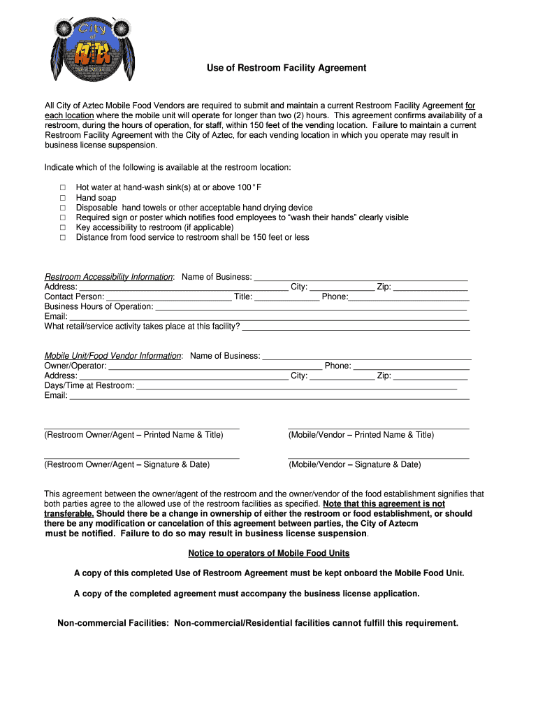 Fillable Online Use of Restroom Facility Agreement - City of Aztec Fax ...