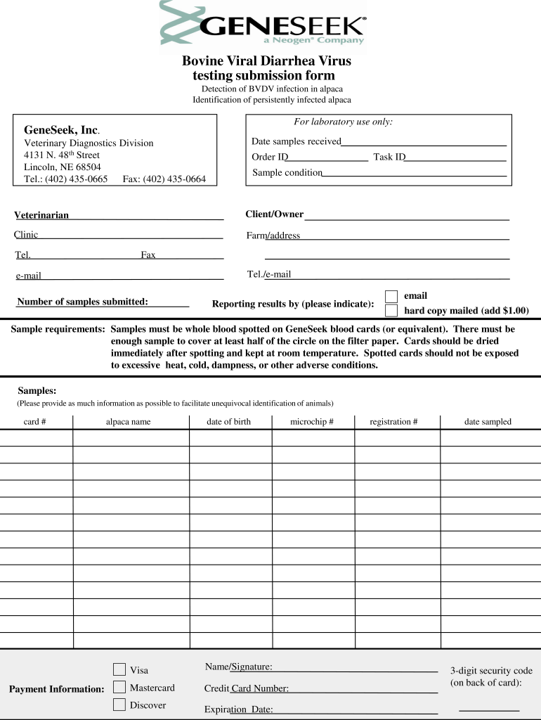 Fillable Online Bovine Viral Diarrhea Virus Testing Submission Form Fax ...