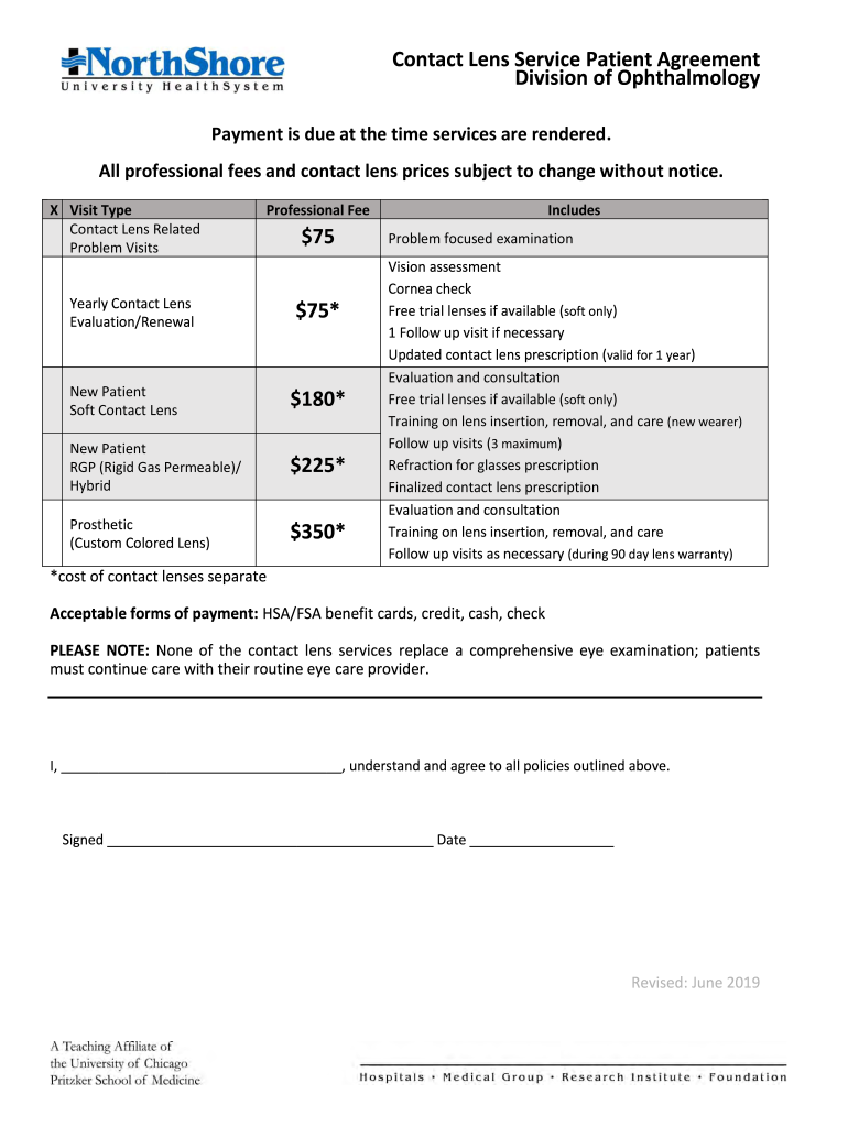 Fillable Online Contact Lens Service Patient Agreement Division of ...