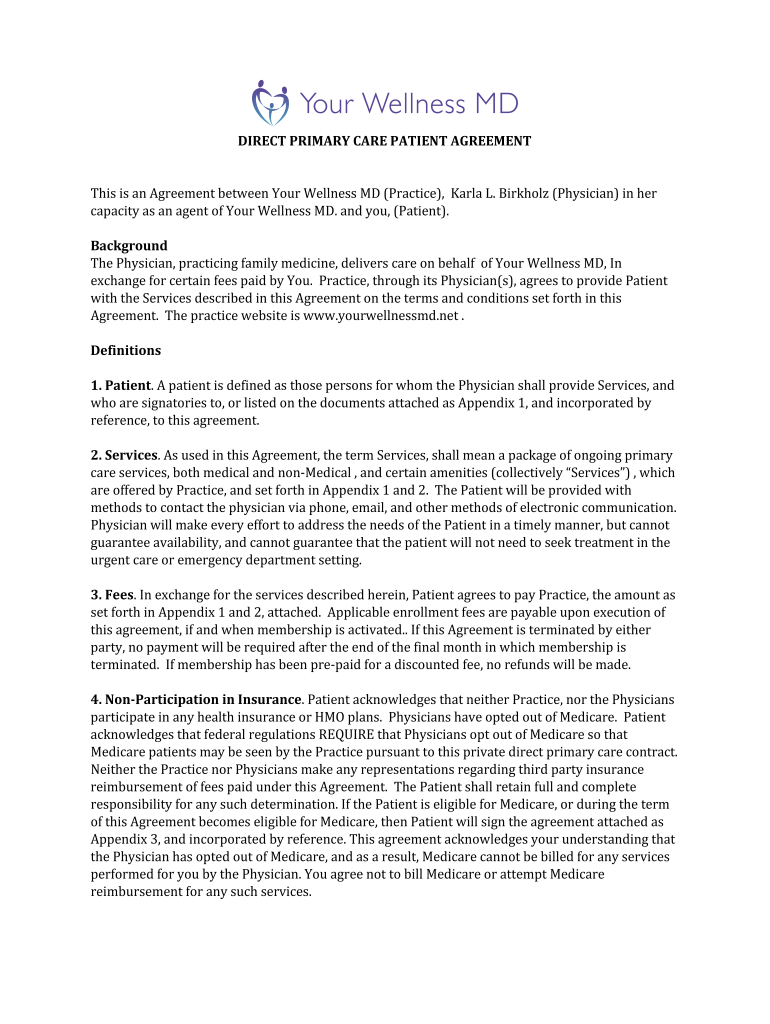Fillable Online DIRECT PRIMARY CARE PATIENT AGREEMENT - Your Wellness ...