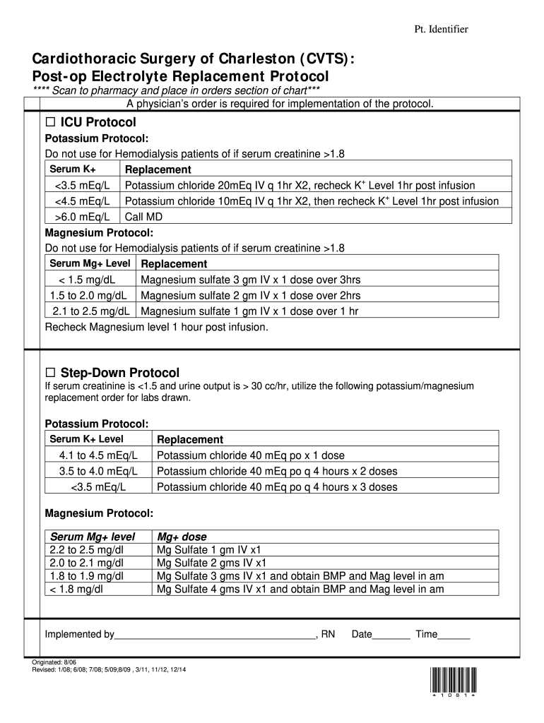 Fillable Online adult electrolyte replacement protocols - Surgical ...