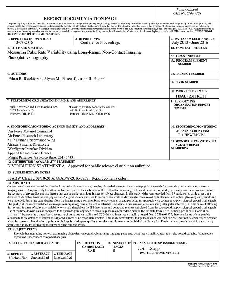 Fillable Online REPORT DOCUMENTATION PAGE Form Approved OMB No. 074 ...