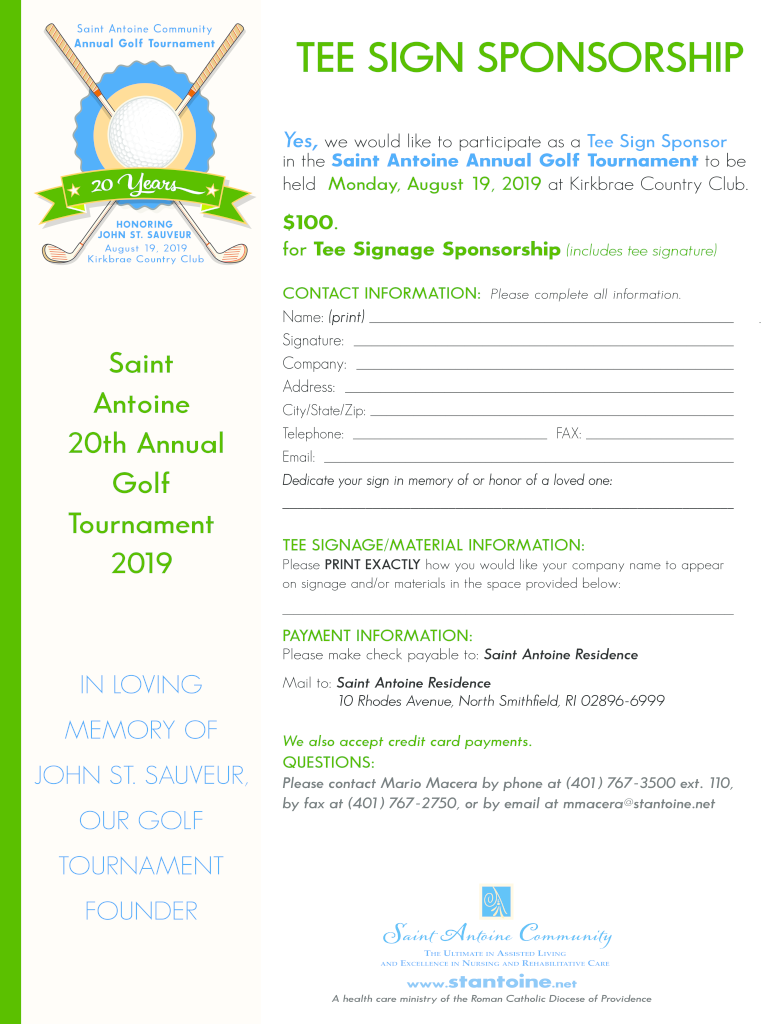 Fillable Online Yes Tee Sign Sponsor Saint Antoine Annual Golf ...