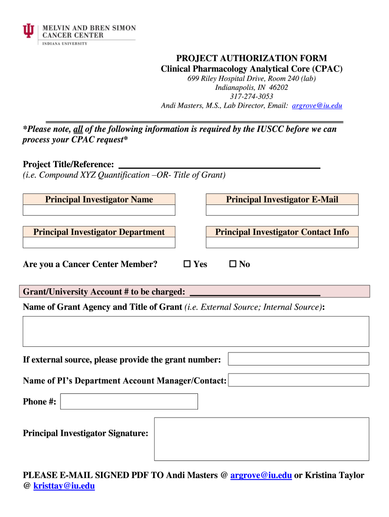 Fillable Online PROJECT AUTHORIZATION FORM Clinical Pharmacology ...