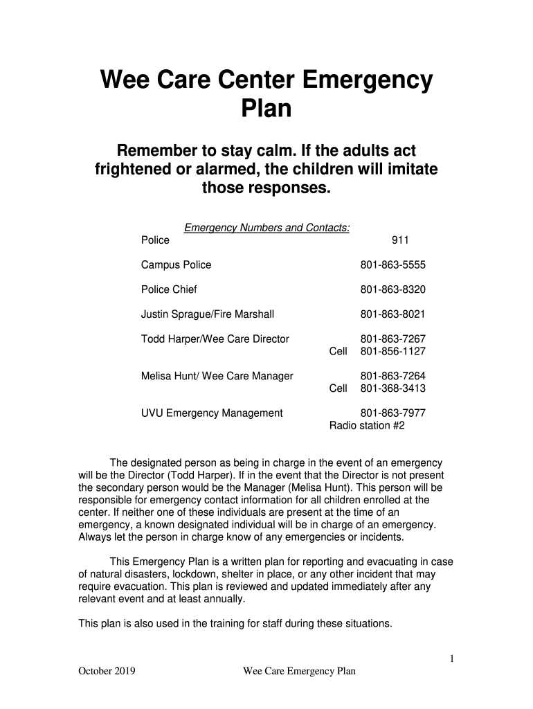 Fillable Online Wee Care Center Emergency Plans Remember to stay calm ...