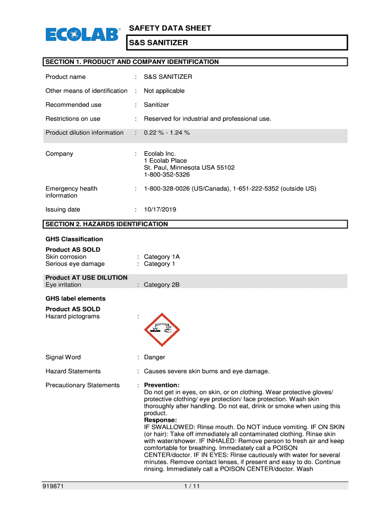 Fillable Online Safety Data Sheet Instant Hand Sanitizer 1. Identification Fax Email Print ...