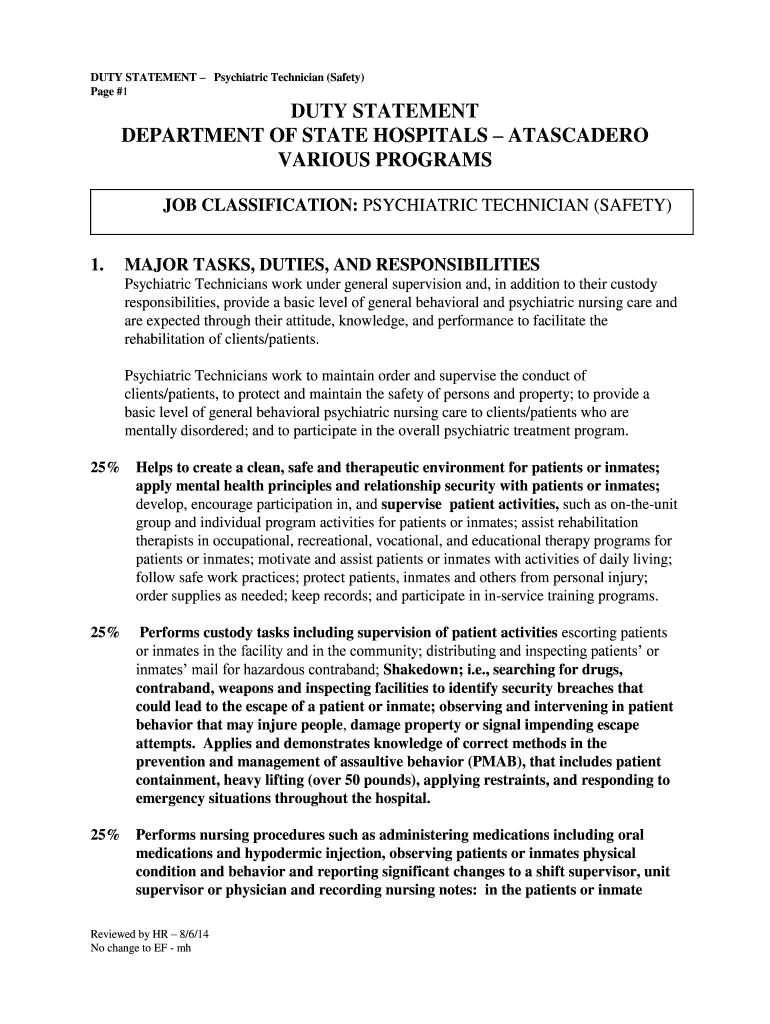 Fillable Online DUTY STATEMENT Psychiatric Technician (Safety) Page ...