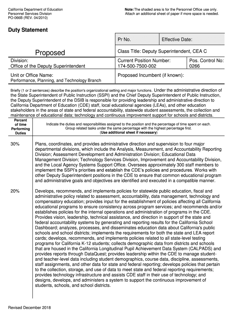 Fillable Online Duty Statement - Forms (CDE Intranet). Department of ...
