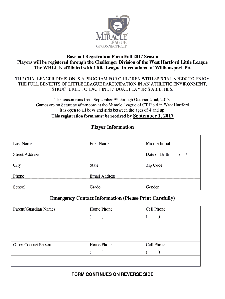 Fillable Online Baseball Registration Form Fall 2017 Season Fax Email Print - pdfFiller