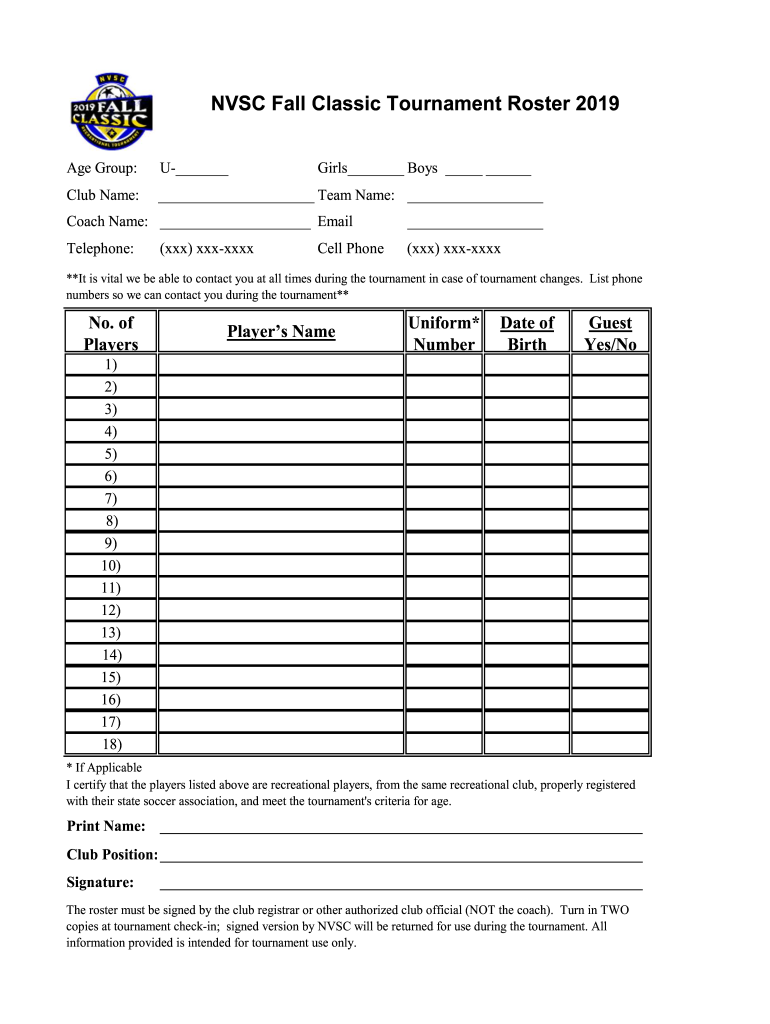 Fillable Online NVSC Roster Template Fall 2018.xls Fax Email Print ...